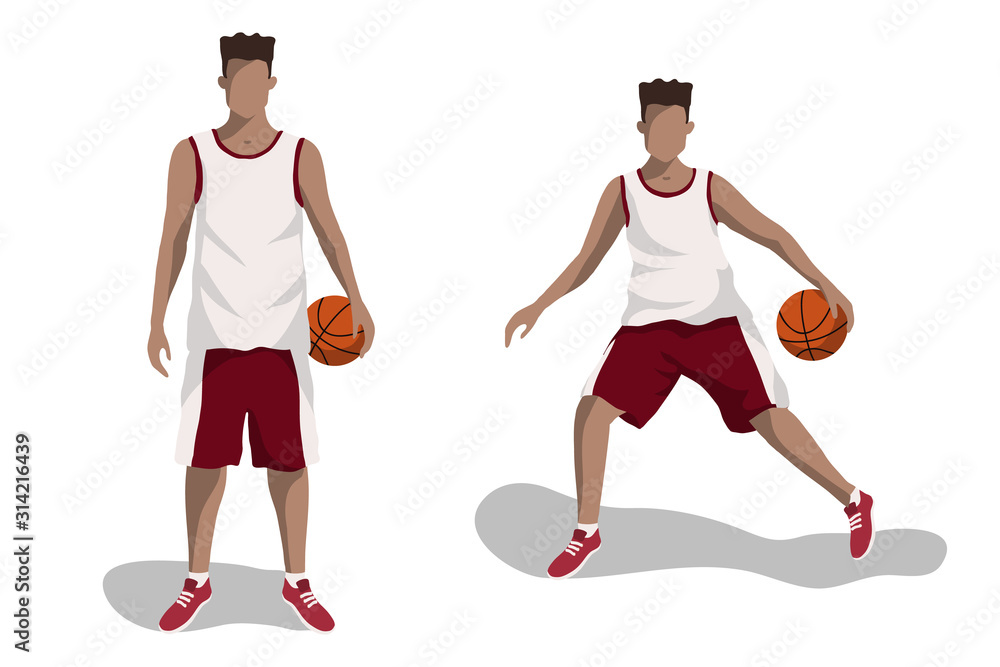 Set of two poses of basketball player with the ball in uniform on ...