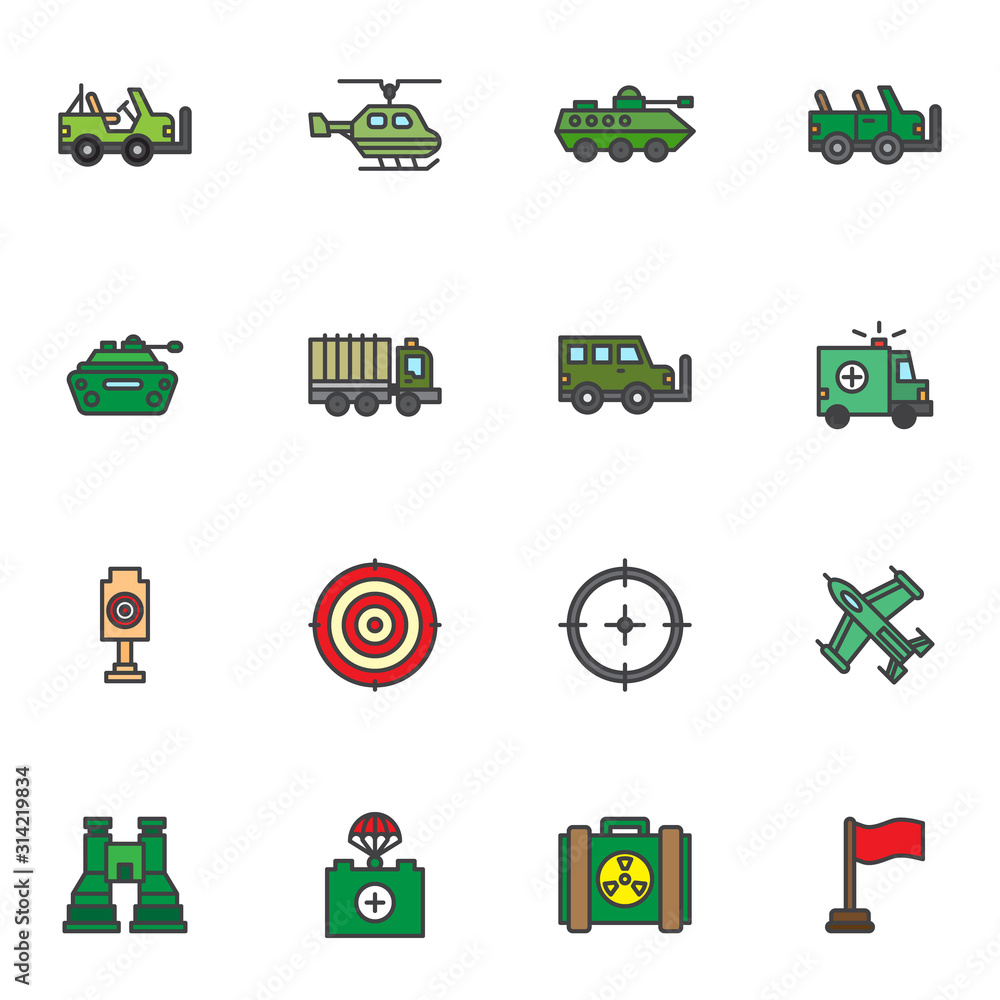 Military transportation filled outline icons set, line vector symbol ...