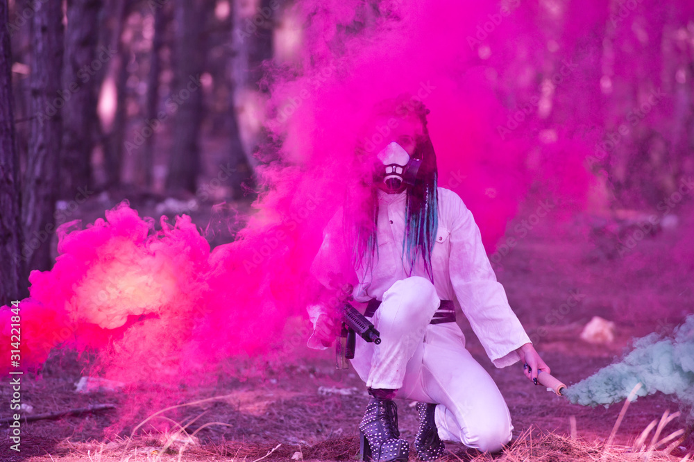 Foto de Neon. Biohazard. Woman in a hazmat suit wearing a respirator ...