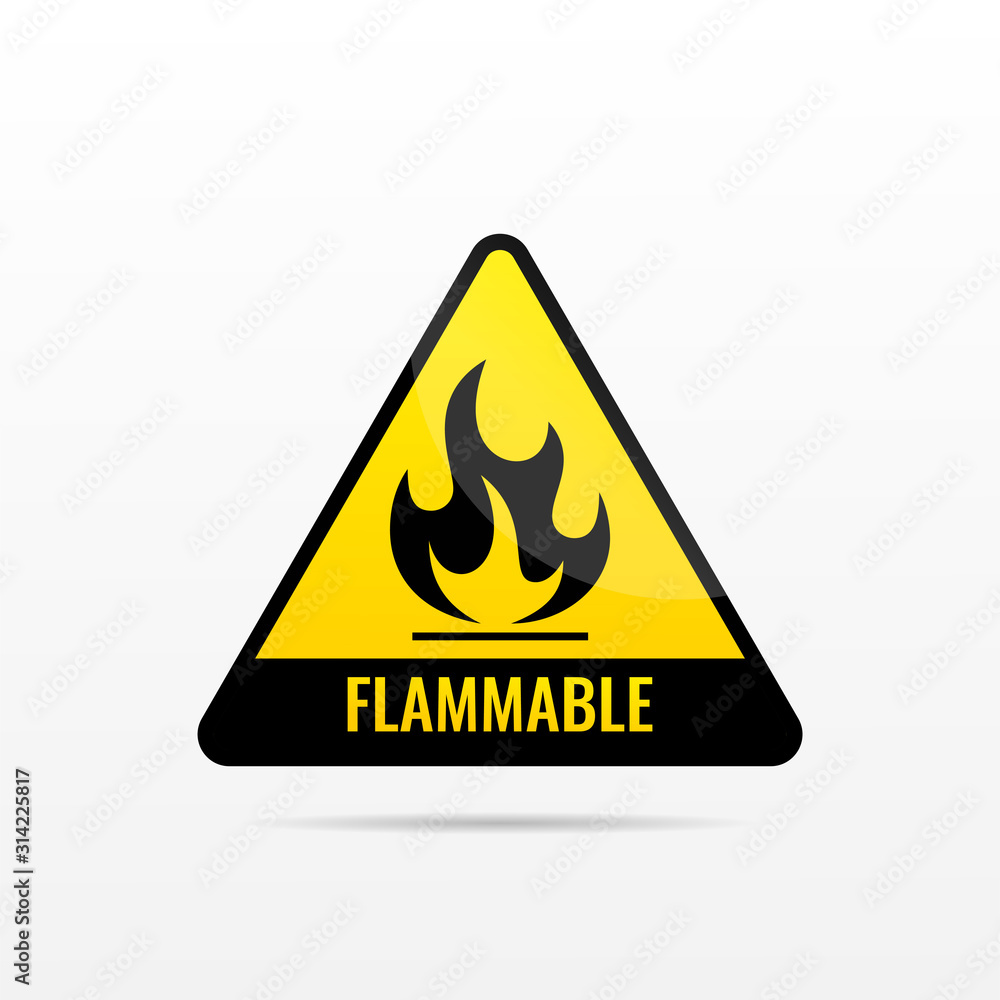 Fire risk or flammable material warning sign. Black flame symbol on ...