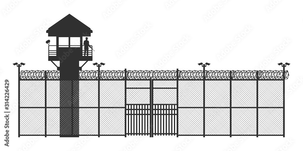 Prison fence on white background. Black silhouette of jail exterior ...