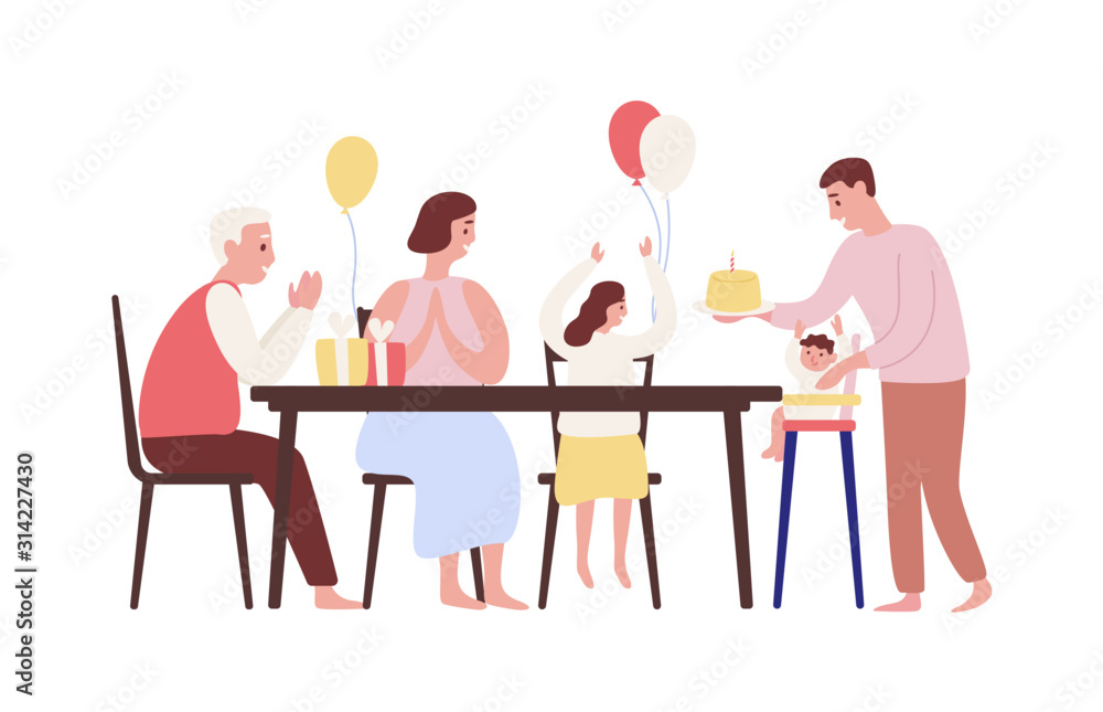 Child first birthday celebration flat vector illustration Stock Vector ...