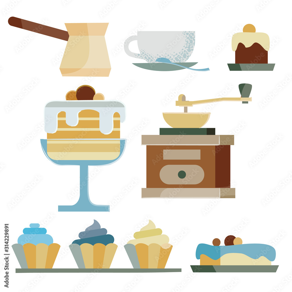 set of items and food for a stylish cafe consists of nine items, made ...