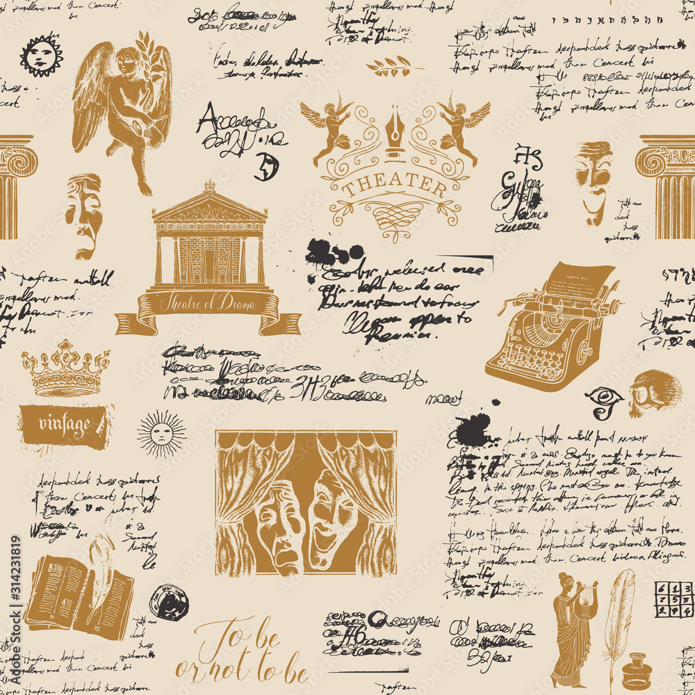 Vector seamless pattern on the theme of theater with handwritten notes ...