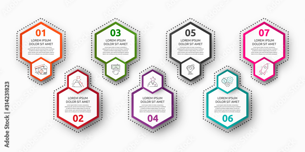 Vector infographic with 7 hexagons. Used for seven diagrams, graph ...