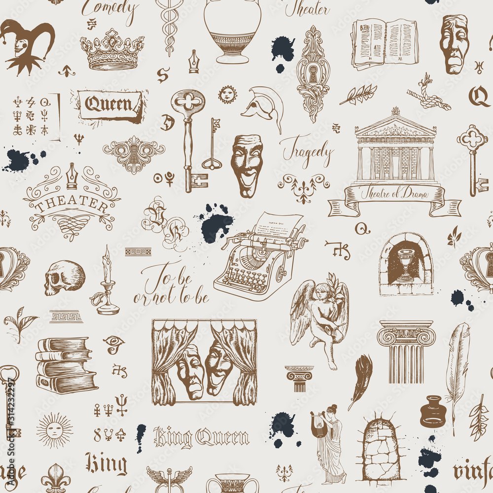 Vector seamless pattern on the theme of theater and drama with pencil ...