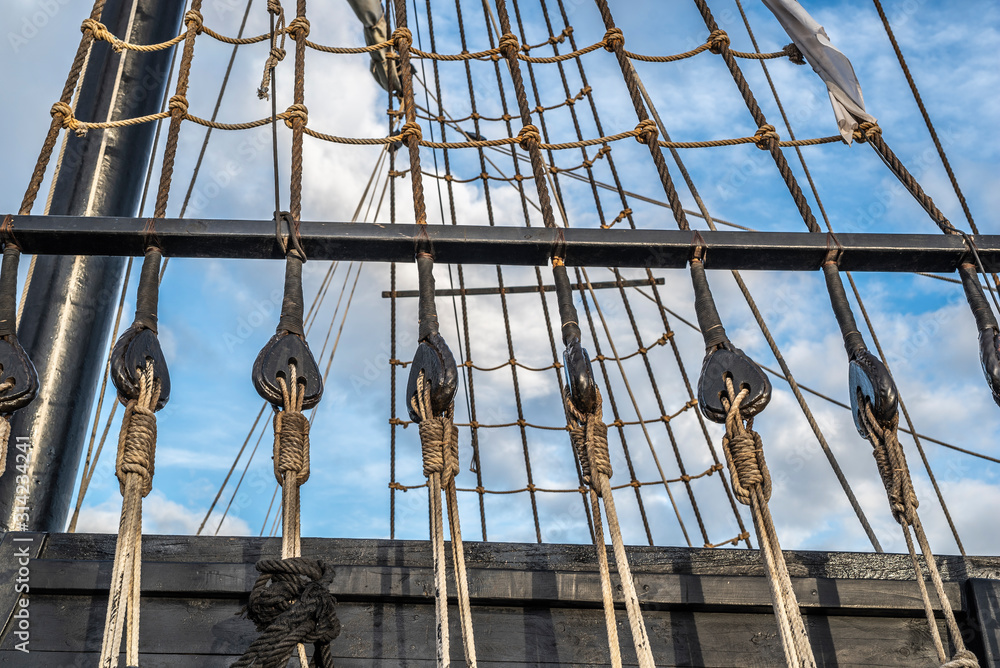 Rigging of an old pirate ship in the port of Torrevieja, Alicante ...