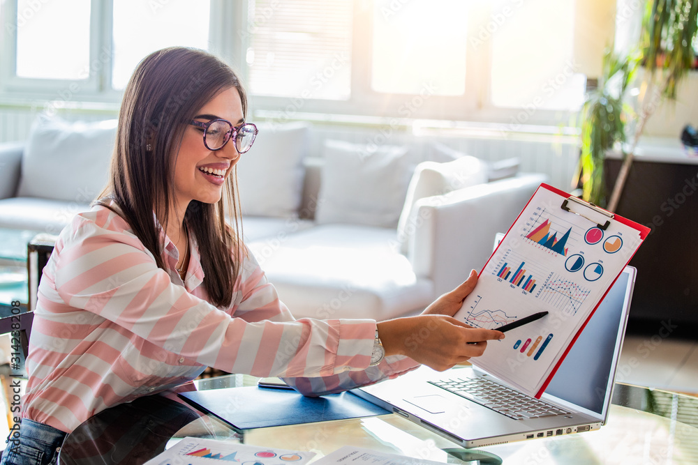 Business woman boss partners presenting new project ideas on graphics ...