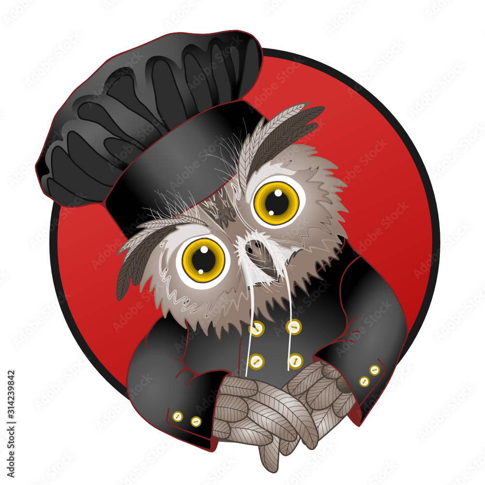 owl cook with asian mustache in black uniform out of circle, with his ...