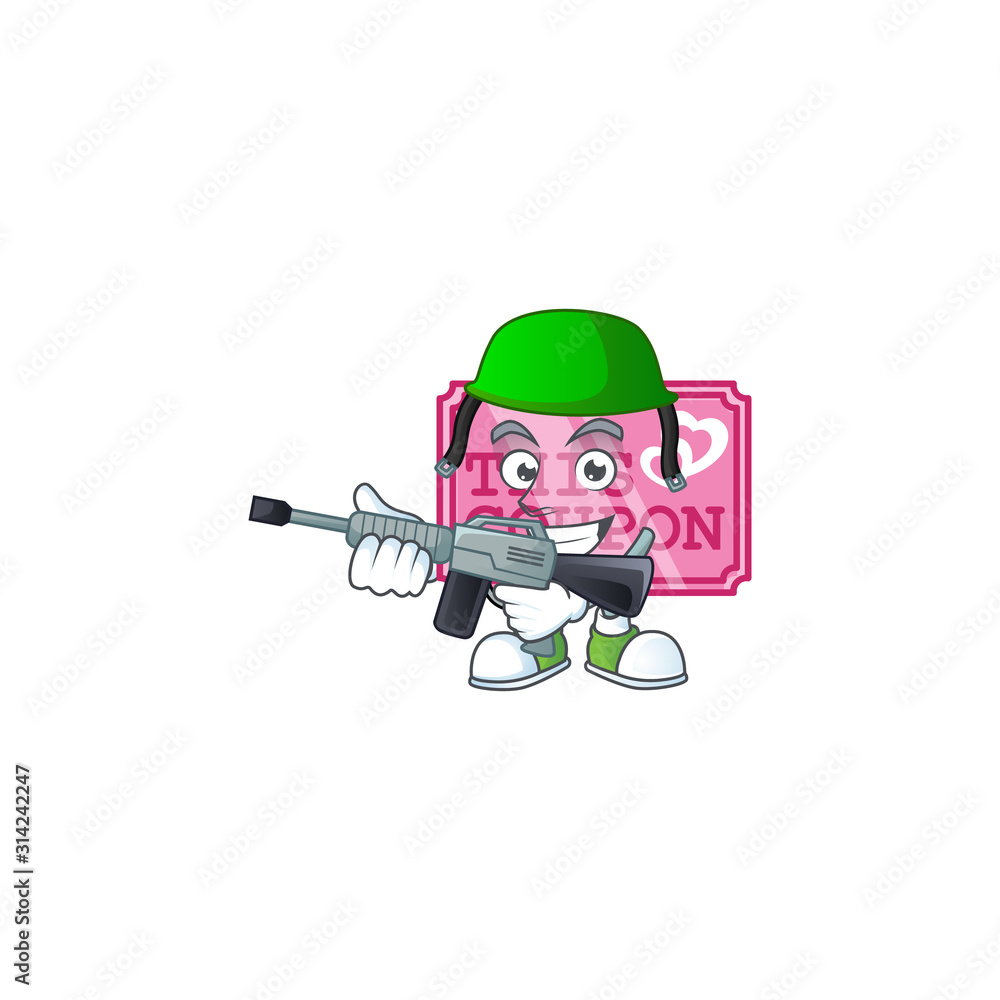 Pink love coupon carton character in an Army uniform with machine gun ...