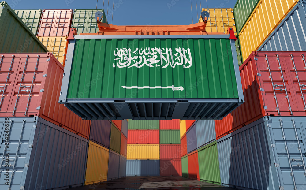 Container Terminal - Shipping Container with Saudi Arabia flag. 3D ...