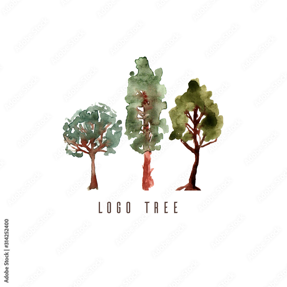 Watercolor tree collection for label, logo. watercolor landscape with ...