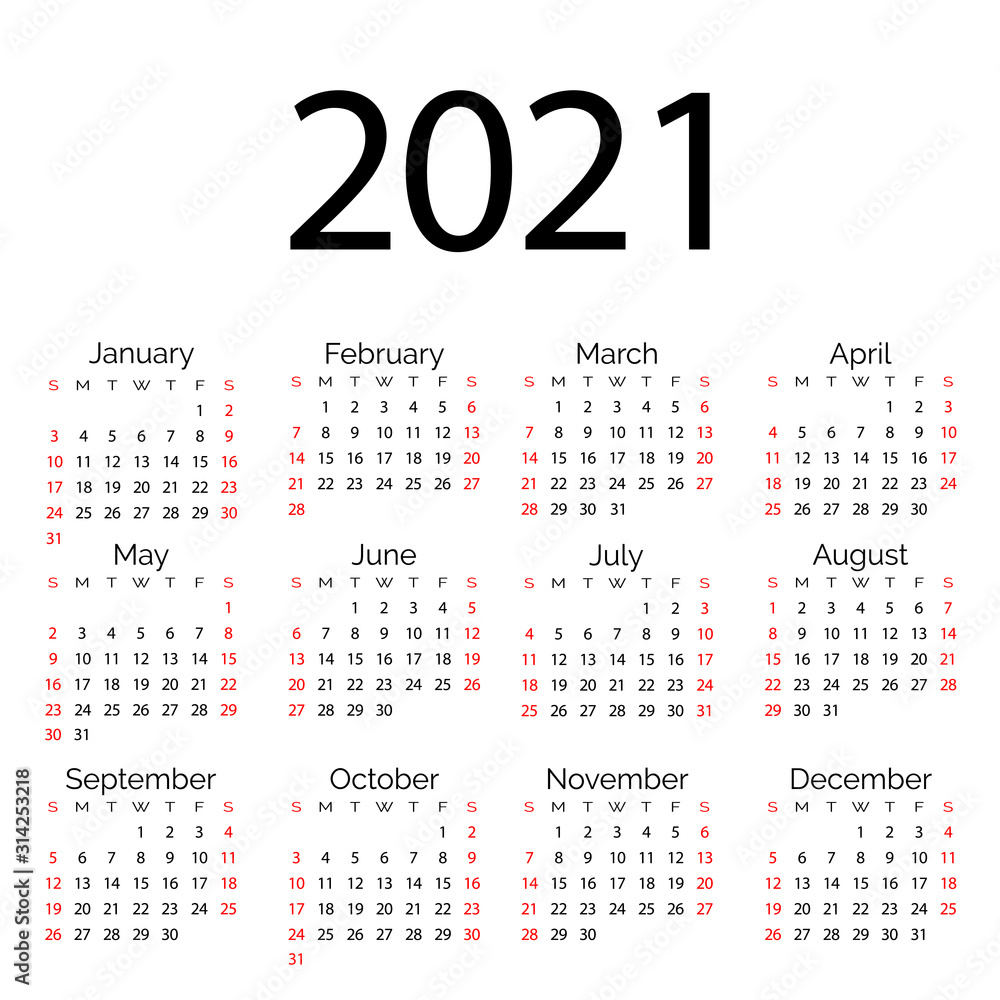 Simple vector calendar template 2021 year. Minimal business white clean ...