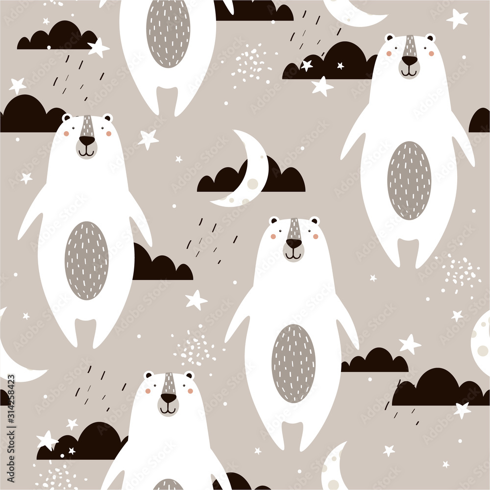 Happy bears, hand drawn backdrop. Seamless pattern with animals, moon ...