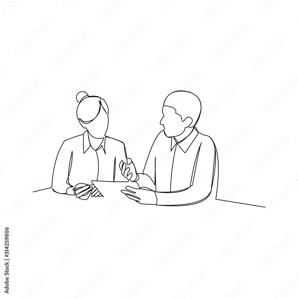 continuous line drawing of business man and business woman discussion ...