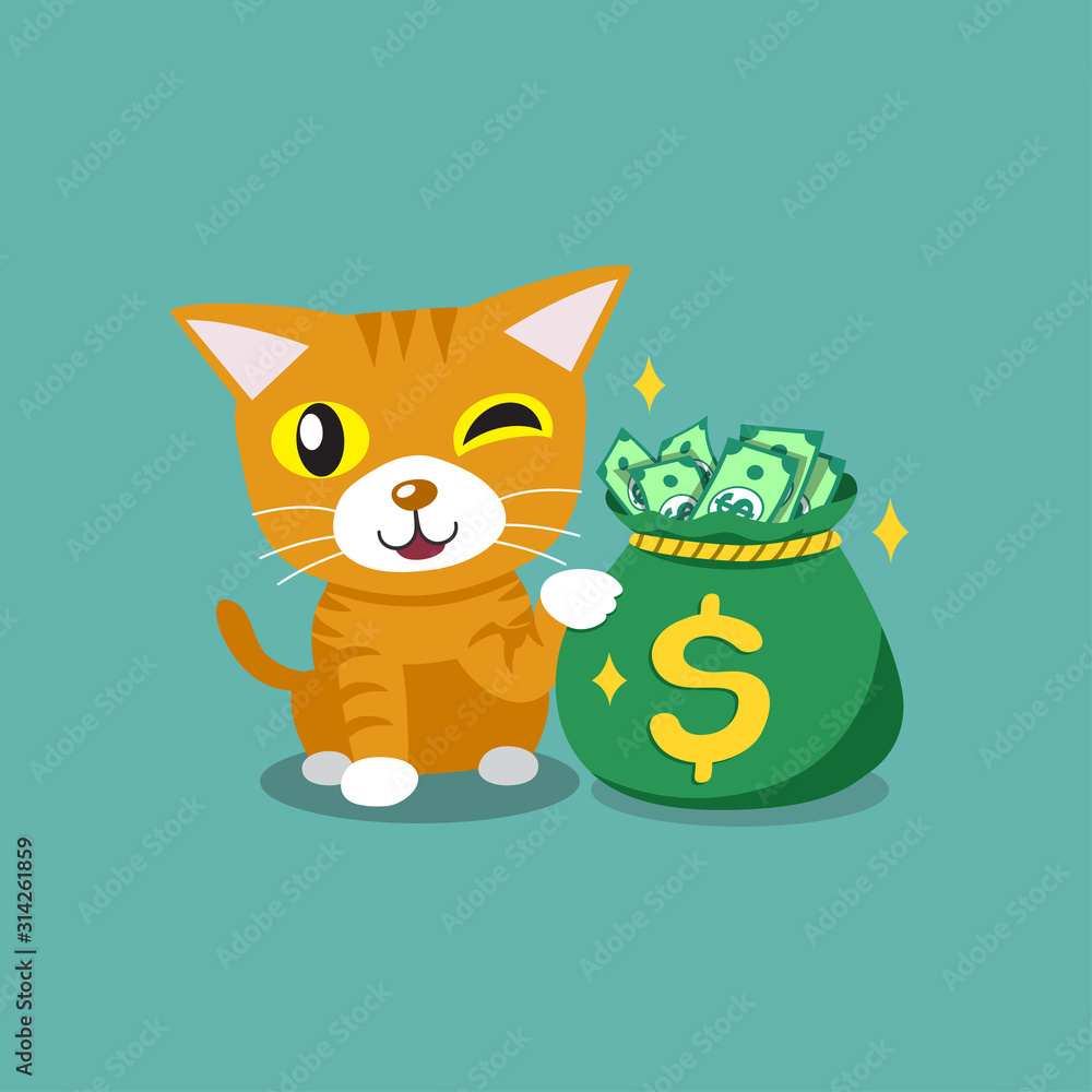 Vector cartoon character cute tabby cat with money bag for design ...