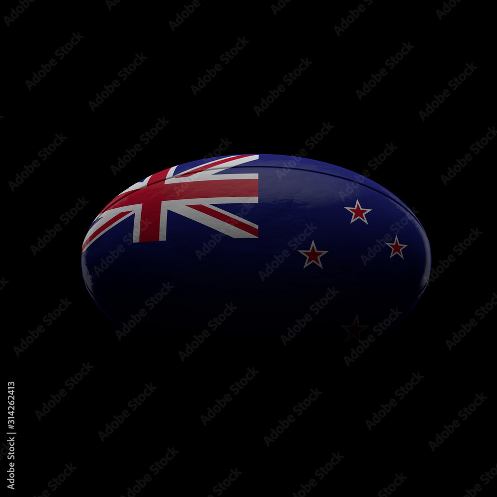 New Zealand flag rugby ball against black background. 3D Rendering ...