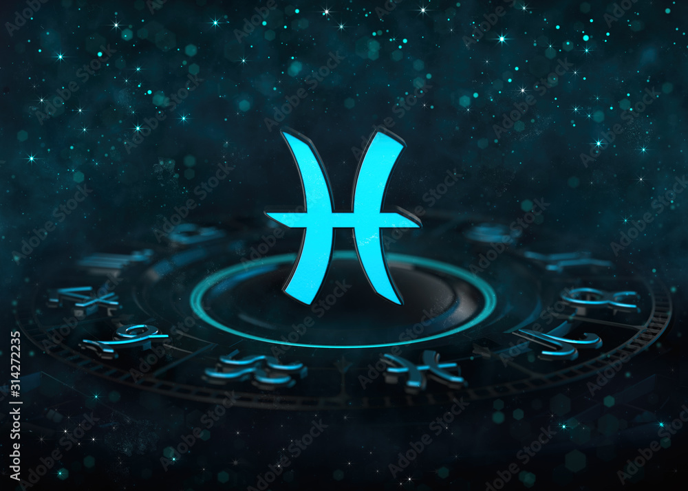 Zodiac Pisces symbol above astrological wheel and bokeh at dark ...