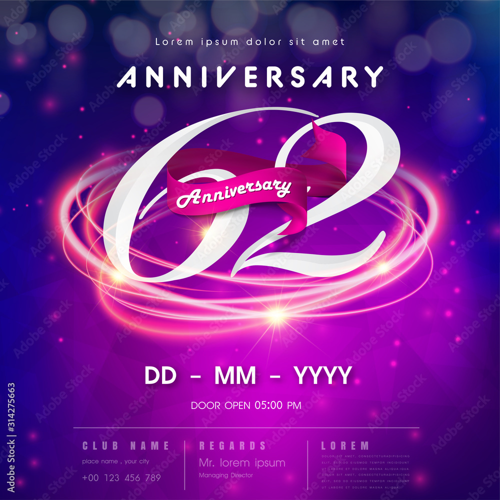 62 years anniversary logo template on purple Abstract futuristic space ...