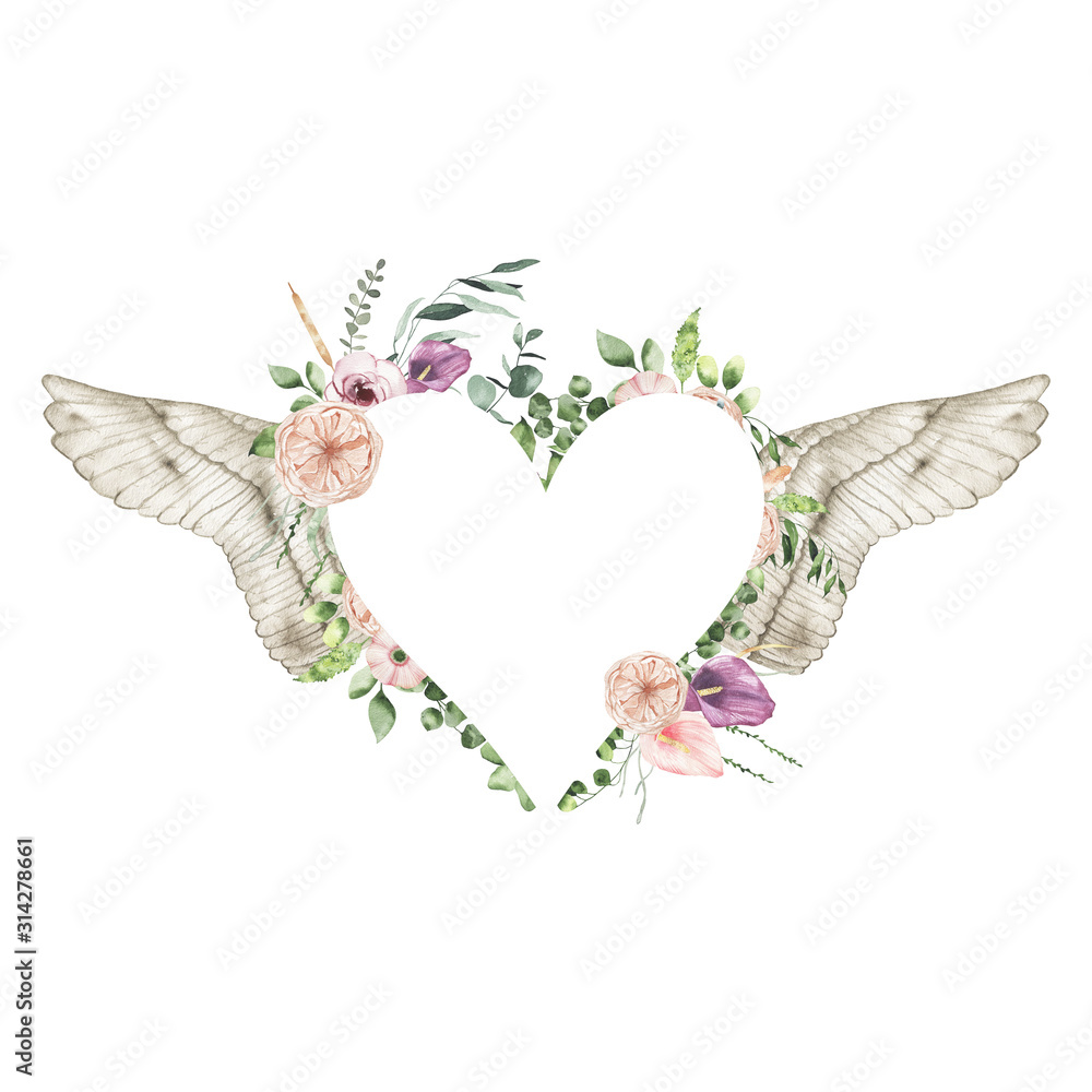Watercolor Valentines Day floral heart frame with calla lily rose ...
