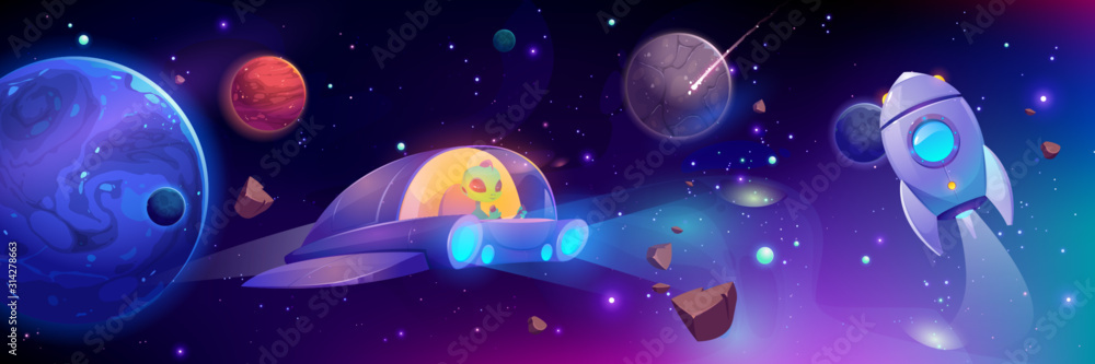 Alien flying in space ship. Cute extraterrestrial monster with green ...