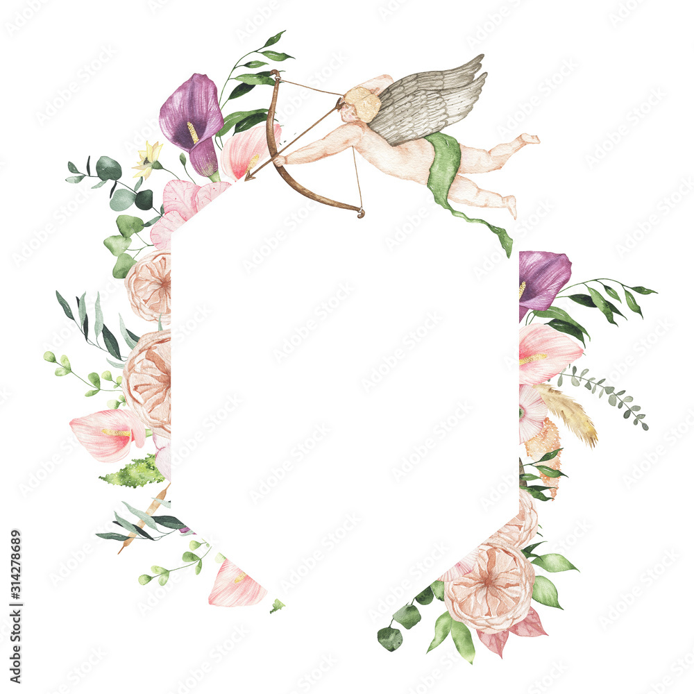 Watercolor Valentines Day floral frame with angel calla lily rose ...