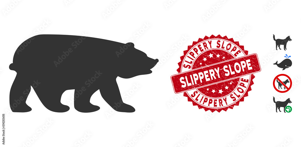 Vector bear icon and corroded round stamp seal with Slippery Slope ...