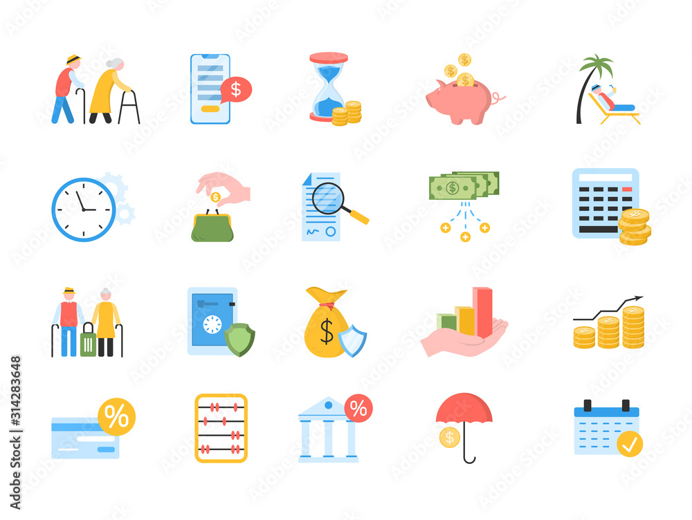 Large set of colored icons for pension and retirement planning with ...
