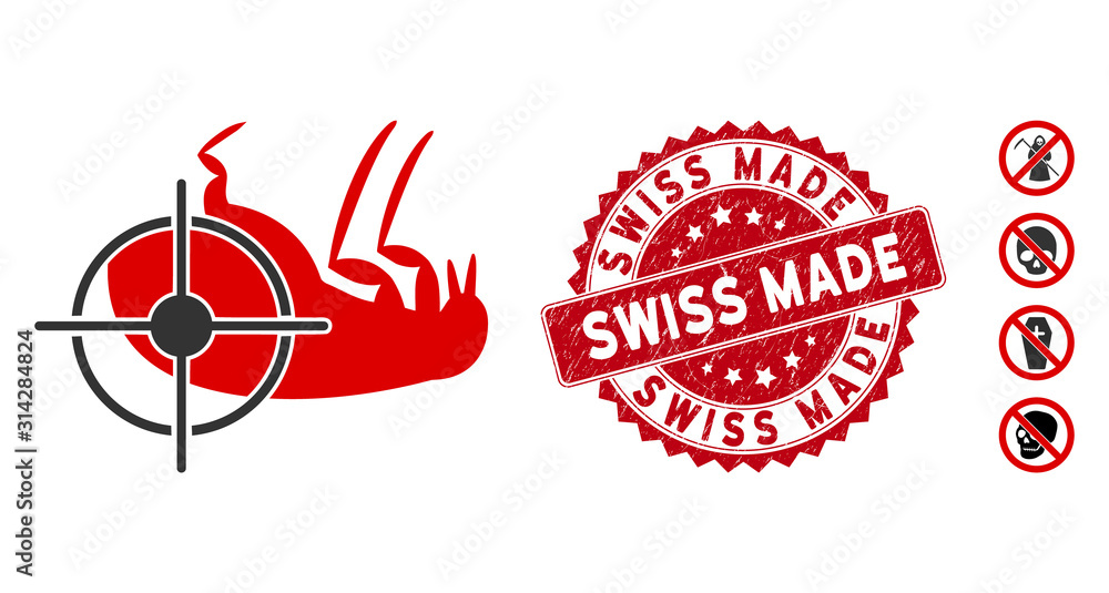Vector dead flea icon and rubber round stamp seal with Swiss Made ...
