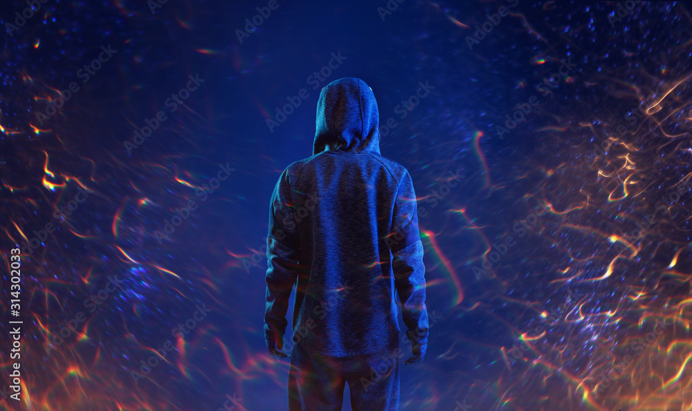 Back view of hacker in hoodie. Dangerous hooded hacker. Internet, cyber crime, cyber attack ...