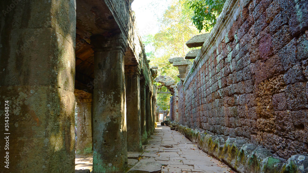 Stone rock ancient corridor at Banteay Kdei, part of the Angkor wat ...