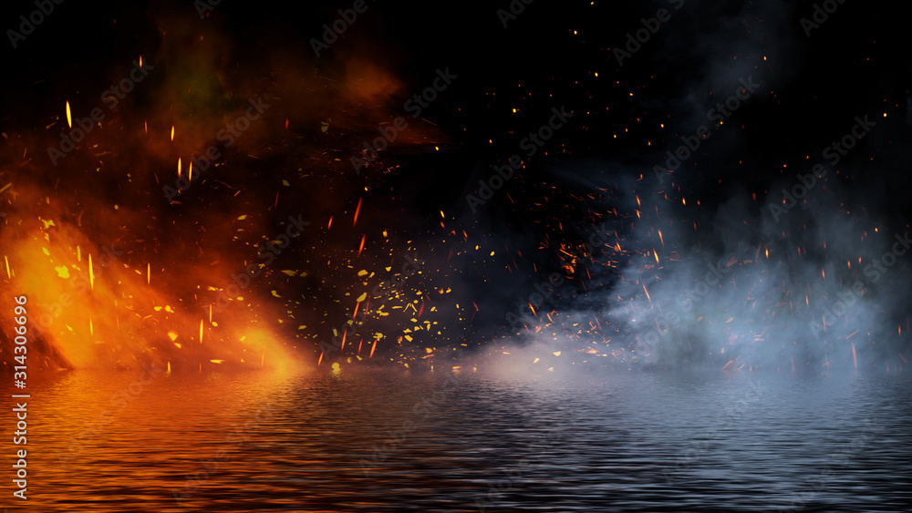 Perfect fire particles embers on background . Smoke fog misty texture ...