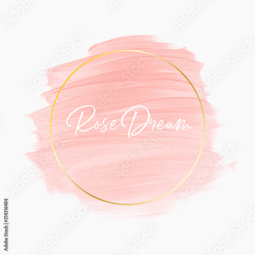 Pastel watercolor pink logo design background with golden round frame ...