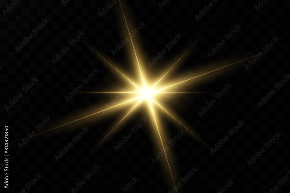 Yellow glowing light explodes on a transparent background. with a beam ...