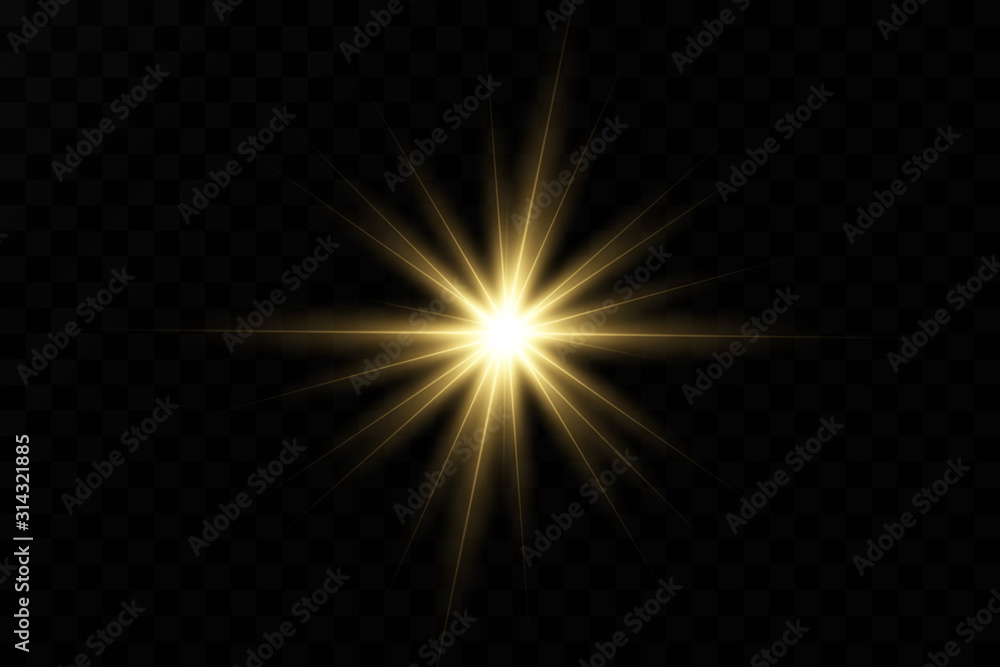 Yellow glowing light explodes on a transparent background. with a beam ...