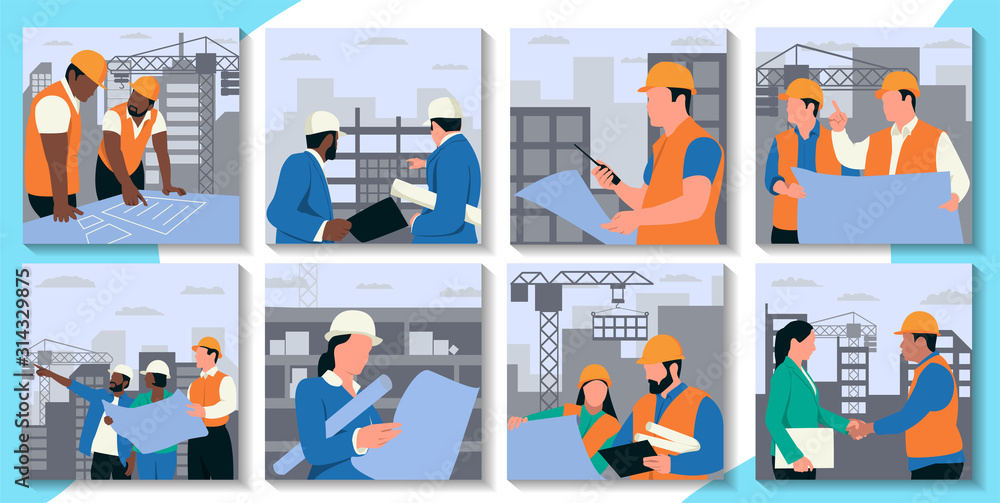 Building industry concept. Set of eight drawings showing structural ...