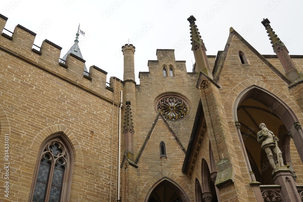 Hohenzollern Castle from facade with windows and a balcony with a ...