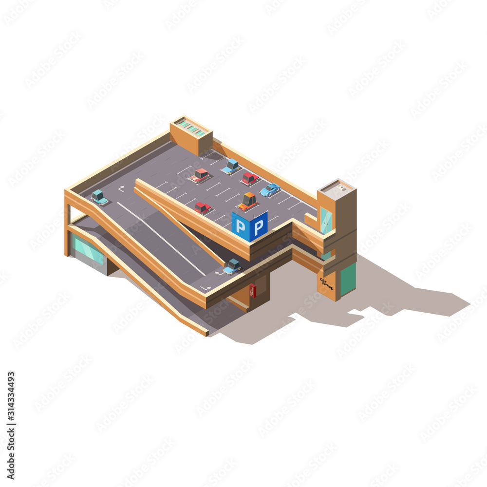 Multilevel, multistorey car parking with city automobiles standing at ...