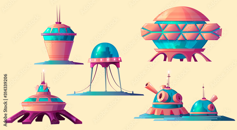 Space colonization set. Spaceship, rocket, shuttle and buildings for ...