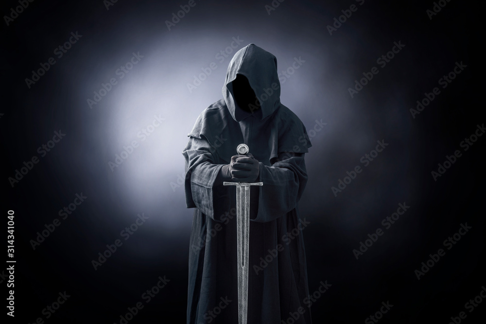 Ghostly figure with medieval sword in the dark Stock Photo | Adobe Stock