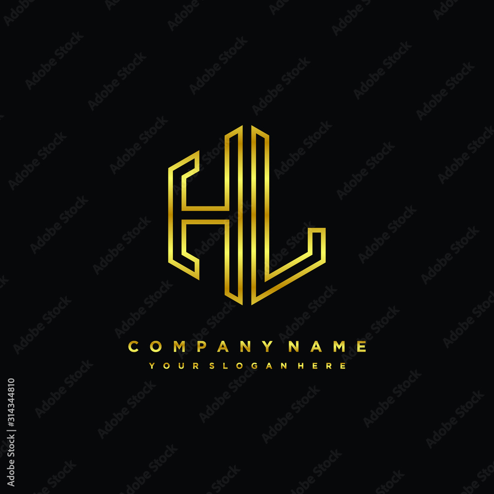 Initial letter HL, minimalist line art monogram hexagon logo, gold ...