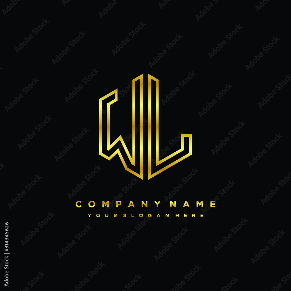 Initial letter WL , minimalist line art monogram hexagon logo, gold ...