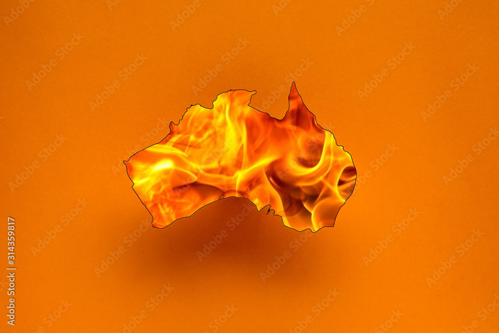 burning map of Australia on a orange background - Australia bushes ...
