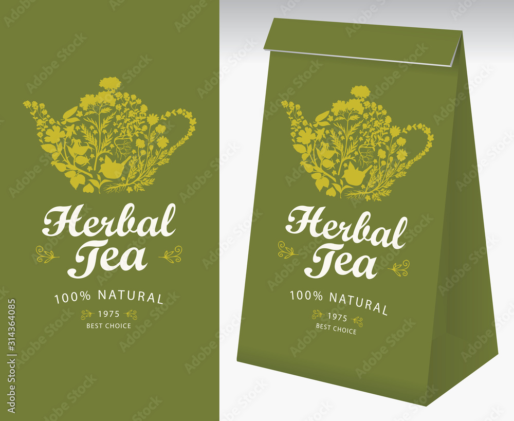 Paper packaging with a label for herbal tea. Vector label for herbal ...