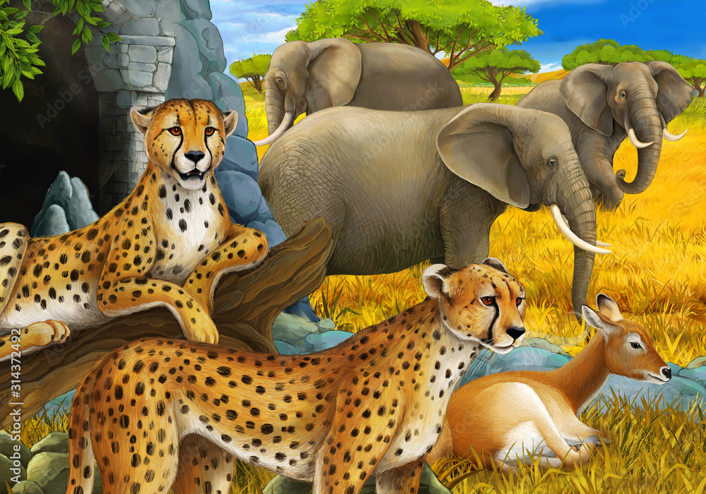 cartoon scene with safari animals cheetah antelopes and elephants on ...