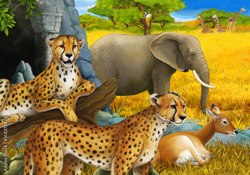 cartoon scene with safari animals cheetah antelopes and elephants on ...