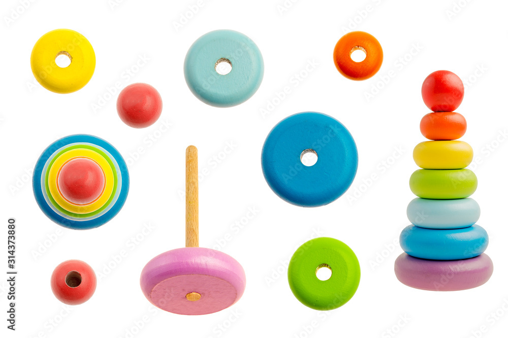 eco baby toy Wooden colorful stacking rings pyramid set isolated on ...