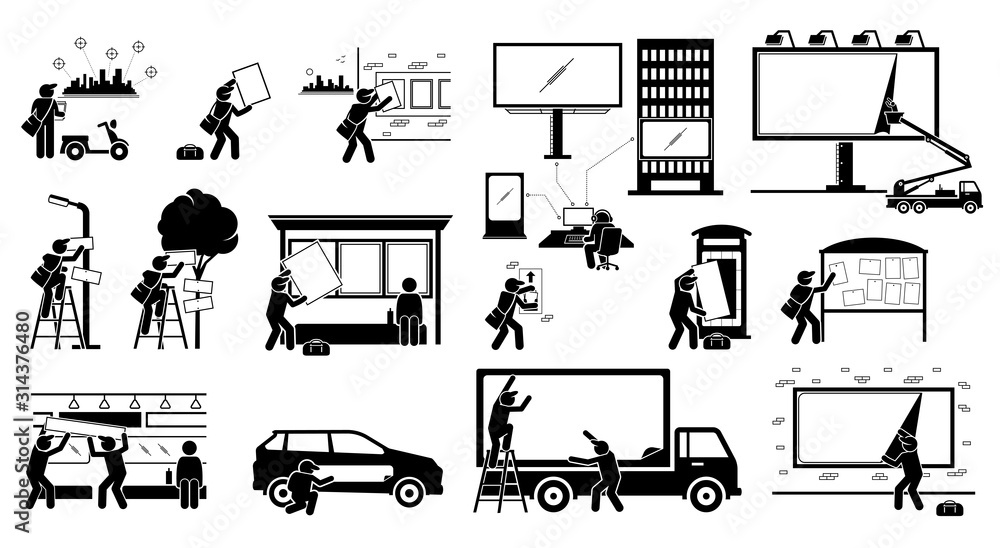 Advertisement agency putting up display advertisement for outdoor ...