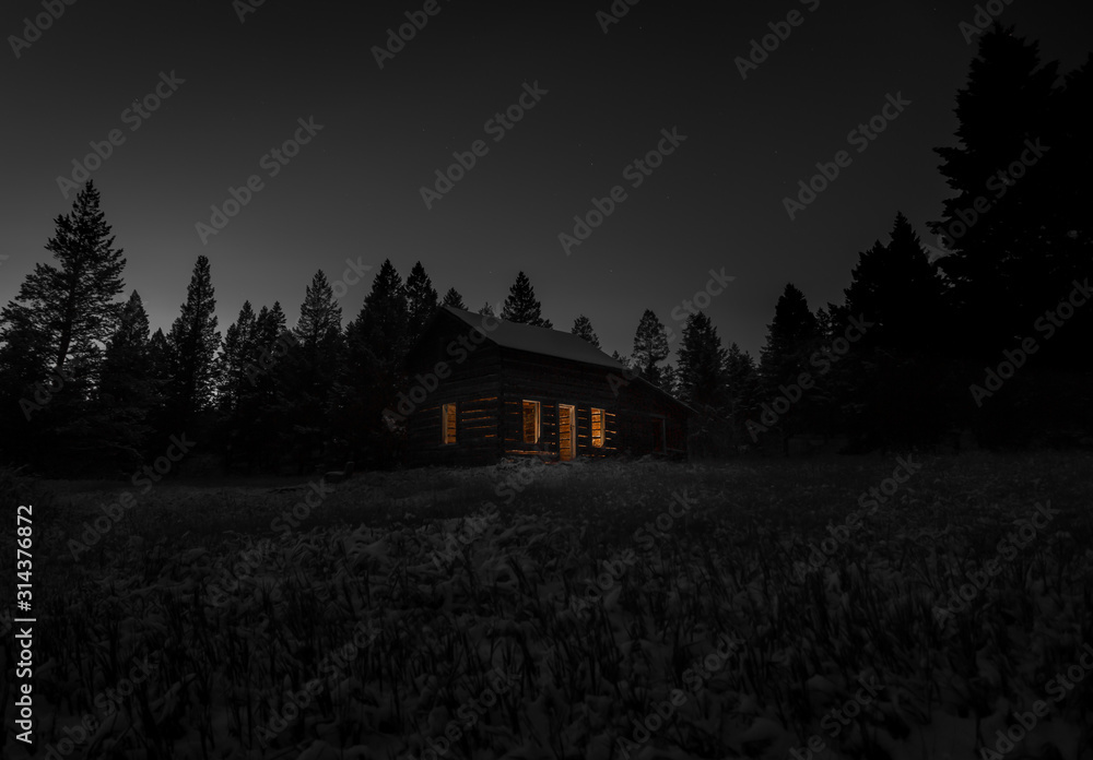 Old cabin at night Stock Photo | Adobe Stock