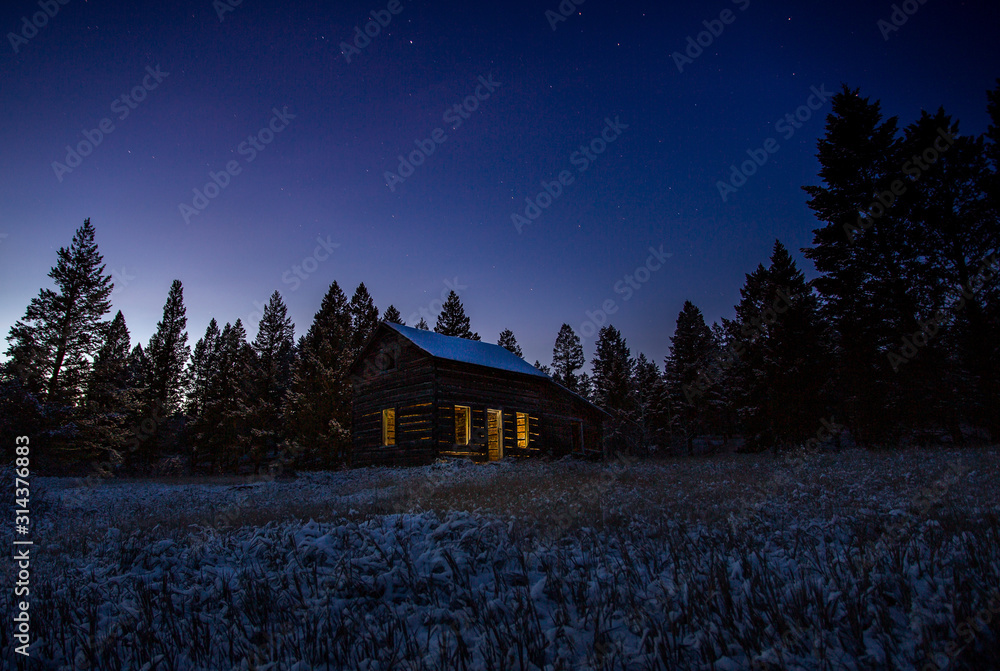 Old cabin at night Stock Photo | Adobe Stock